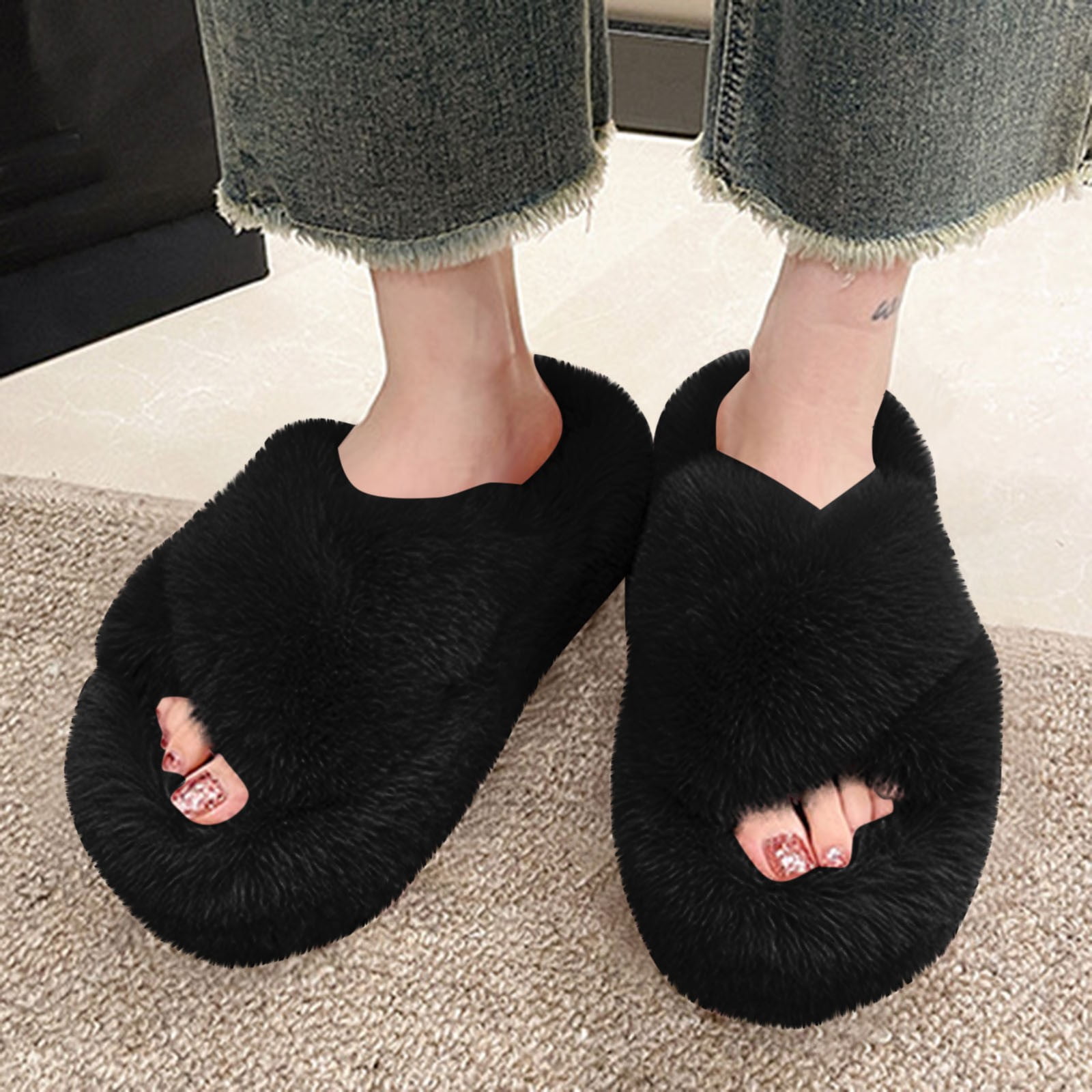 Hinvhai Womens Soft Plush Slippers Open Toe House Shoes Slides for ...