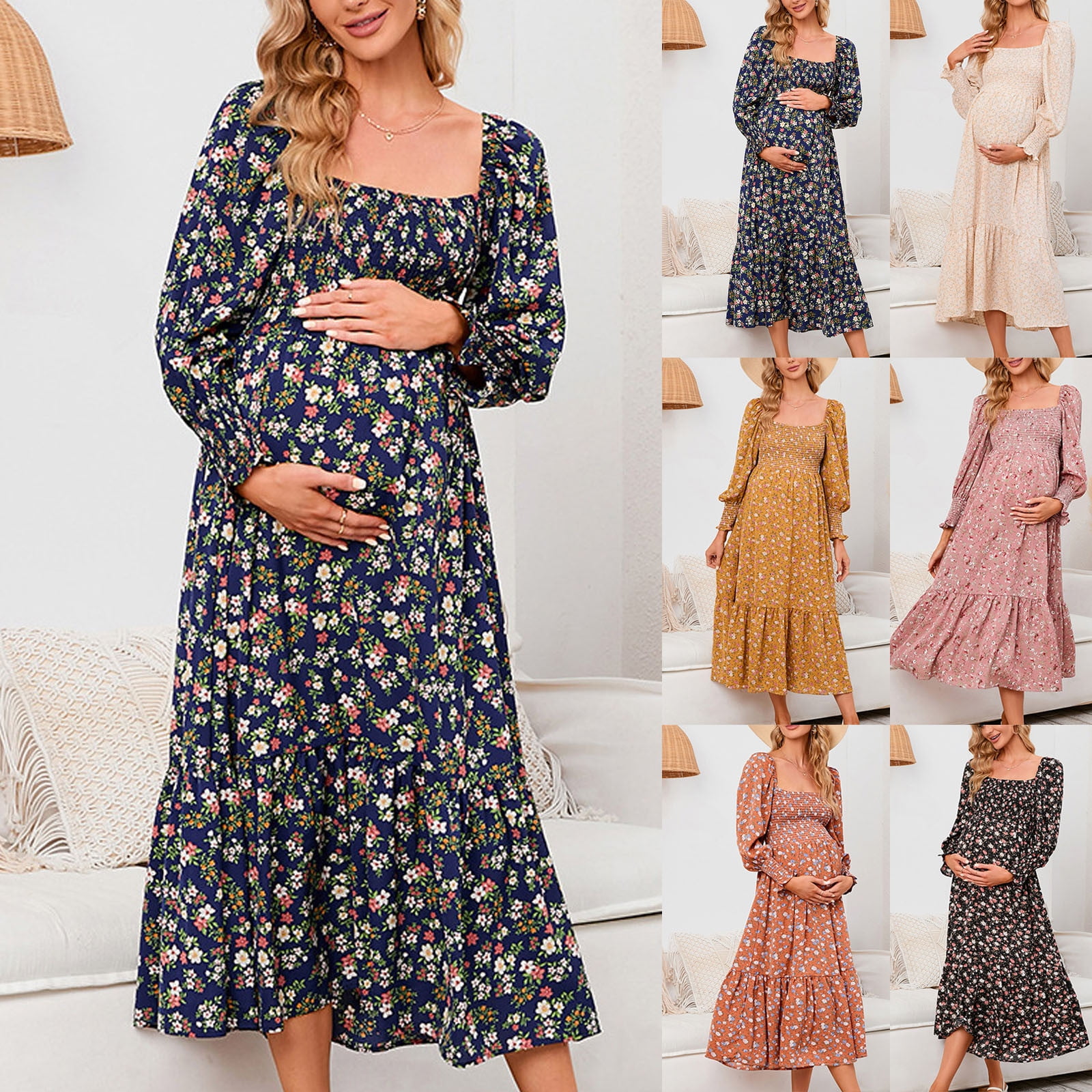 Hinvhai Womens Square Neck Floral Maxi Dress Clearance Puffy Sleeve ...