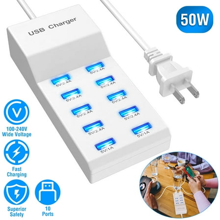 Tebru 12 Ports USB Hub, 5V 10A Charging Station, AC Multiport Adapter ...