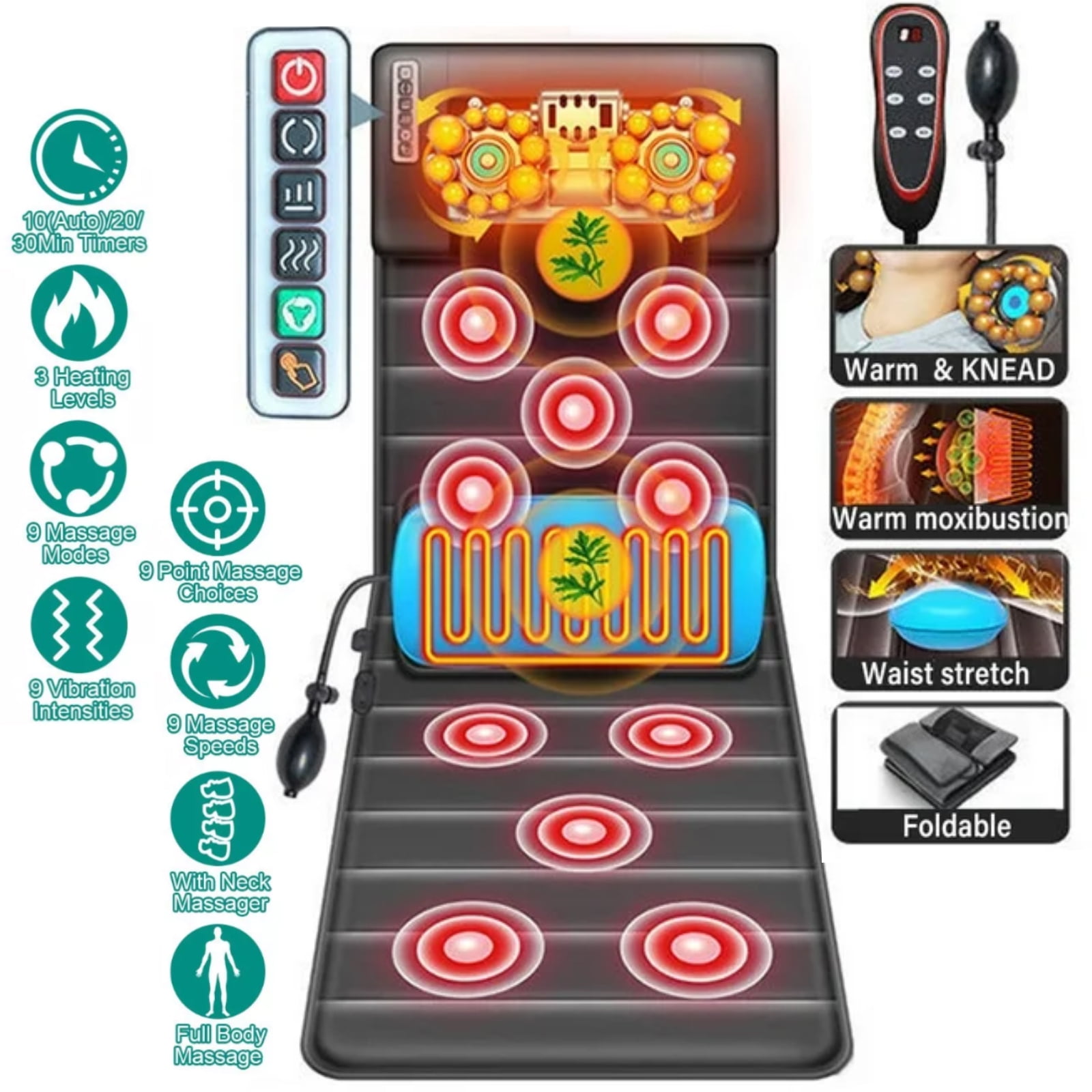 Hinzonek Shiatsu Neck & Back Vibrating Massager Mat with Heat, Lumbar ...