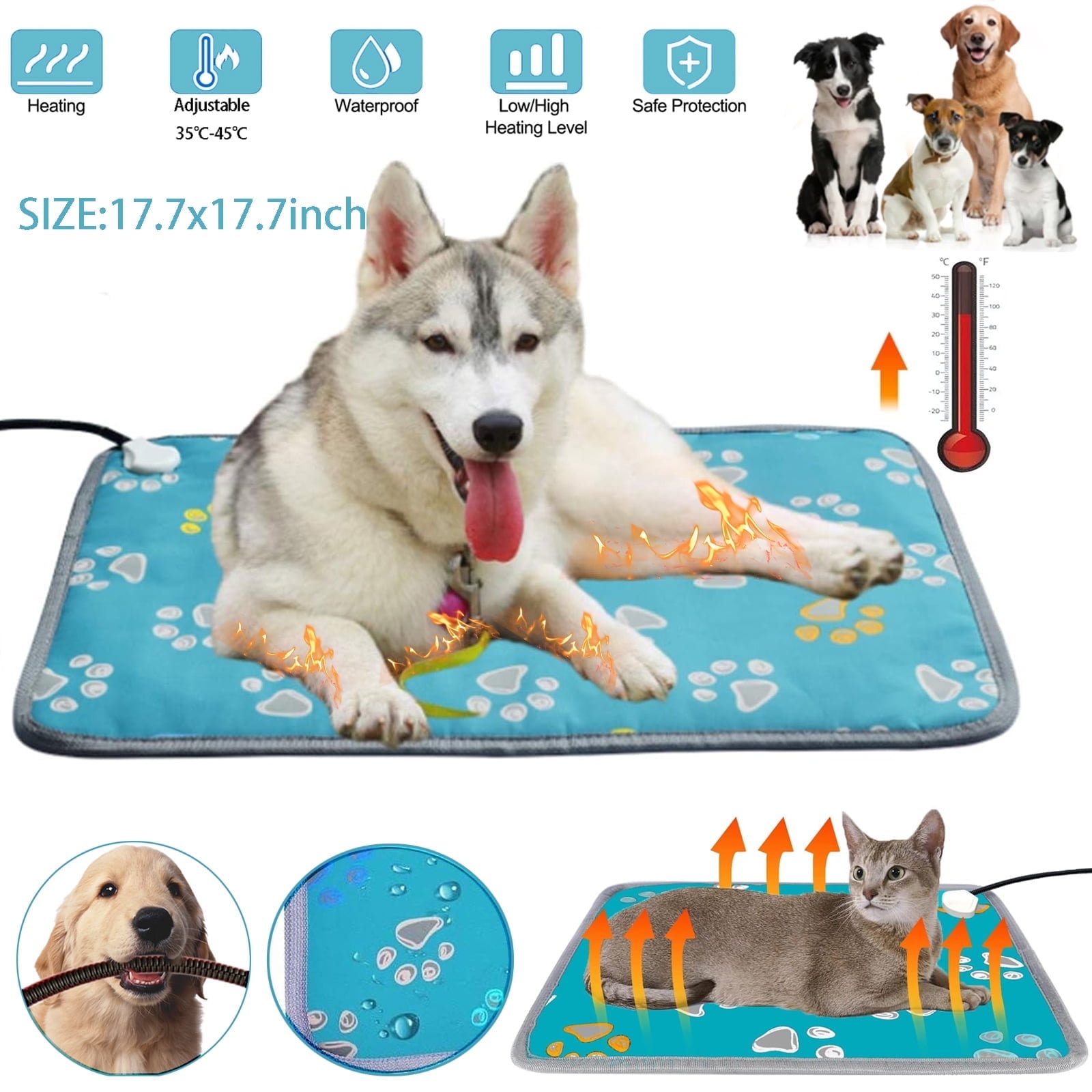 Hinzonek Pet Heating Pad, Waterproof Heated Bed Mat for Cats Dogs ...