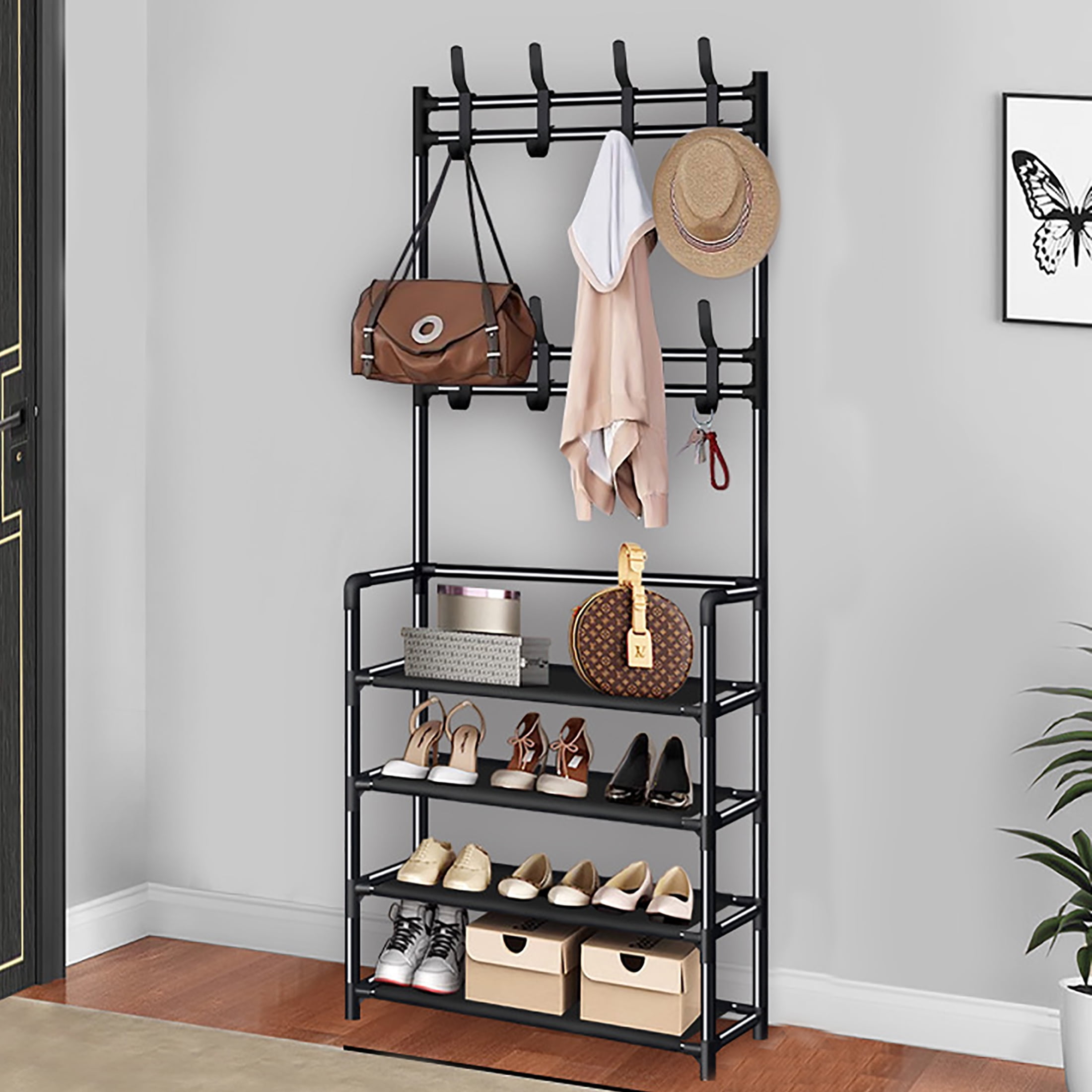 HioHa Entryway Coat/Shoe Rack, 24x10x61 inch, 4-Tier Shelves, Black ...