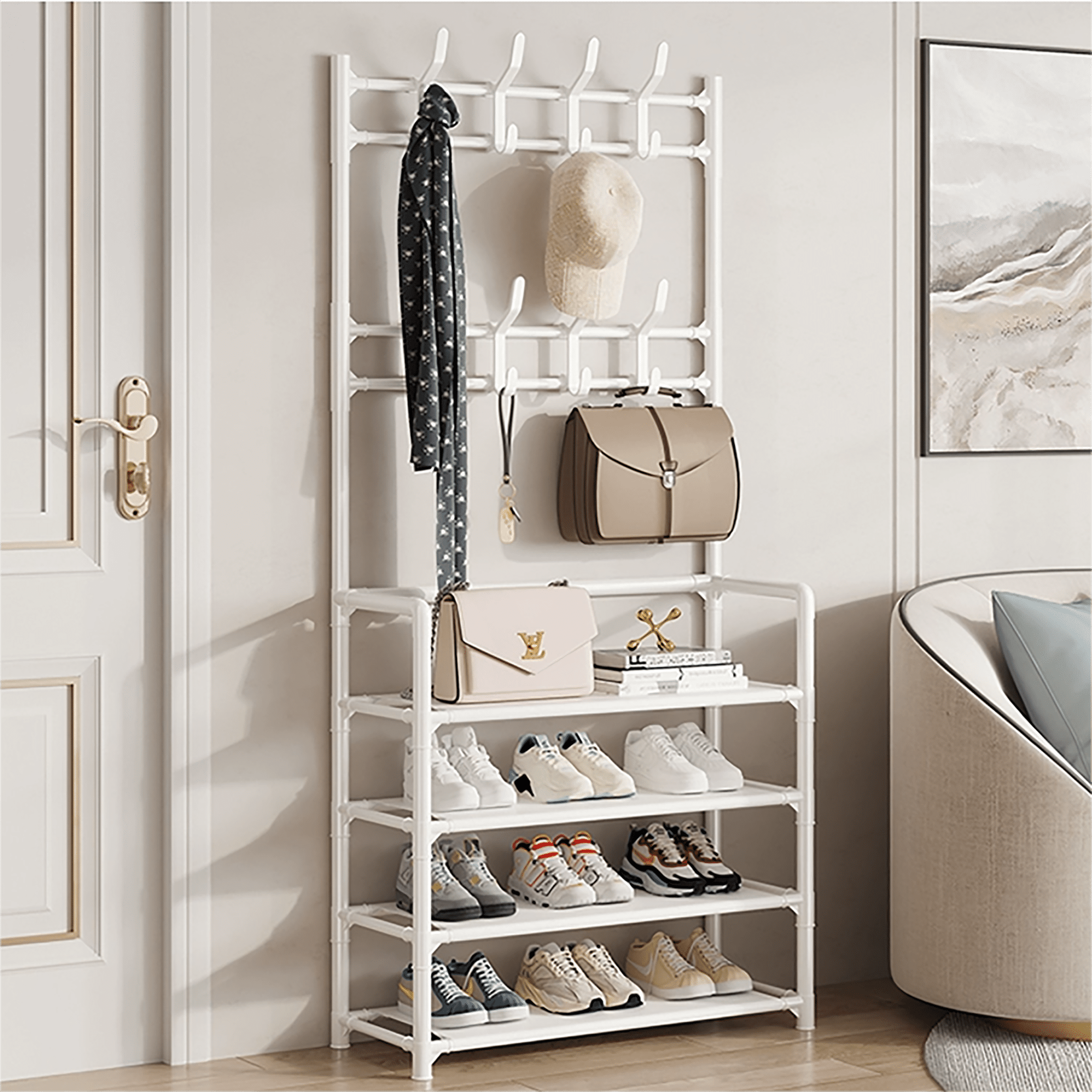 HioHa 24x10x61 inch Coat/Shoe Rack, 4-Tier Shelves, 8 Hooks, White ...