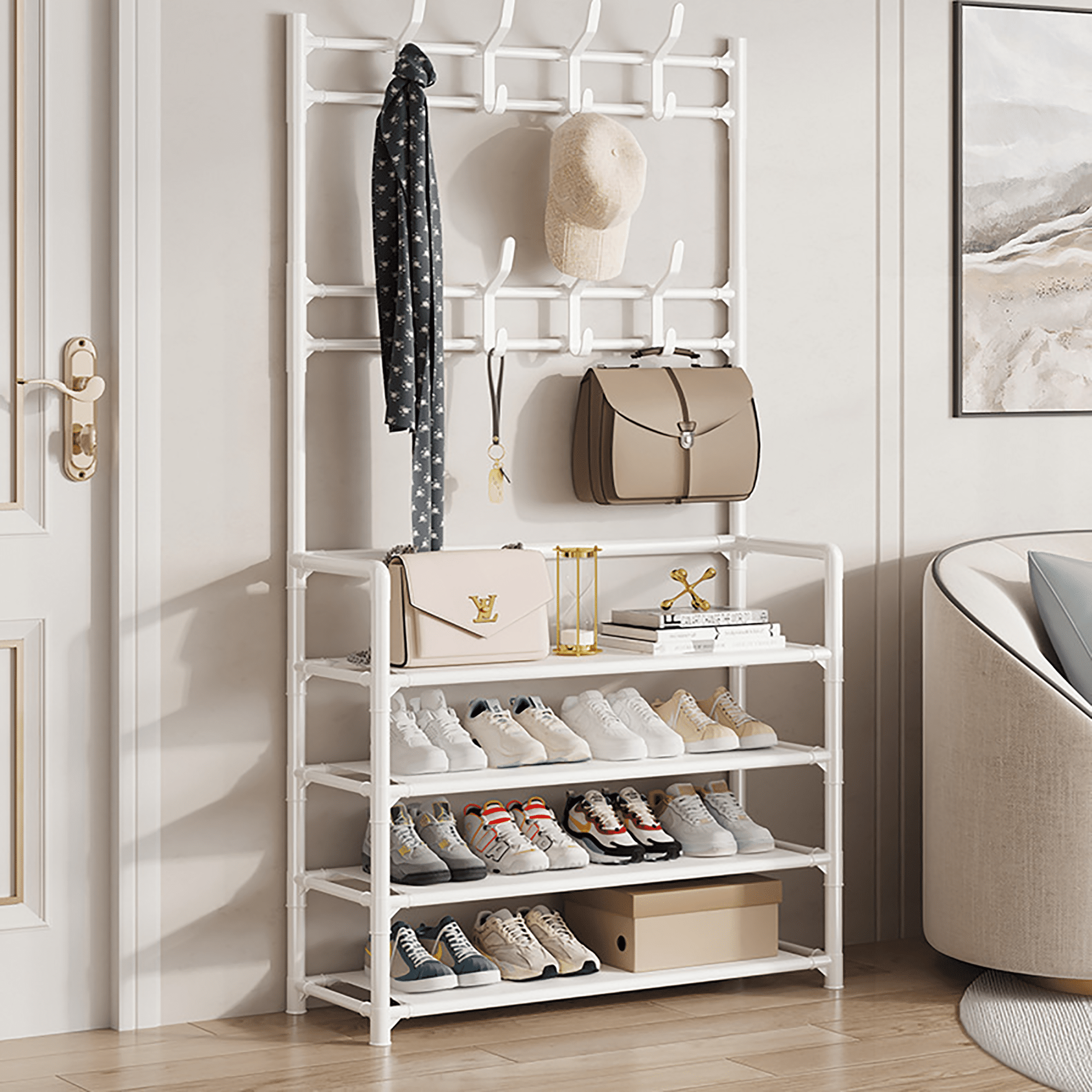 HioHa Coat and Shoe Rack, Hall Tree for Entryway with 4-Tier Storage ...