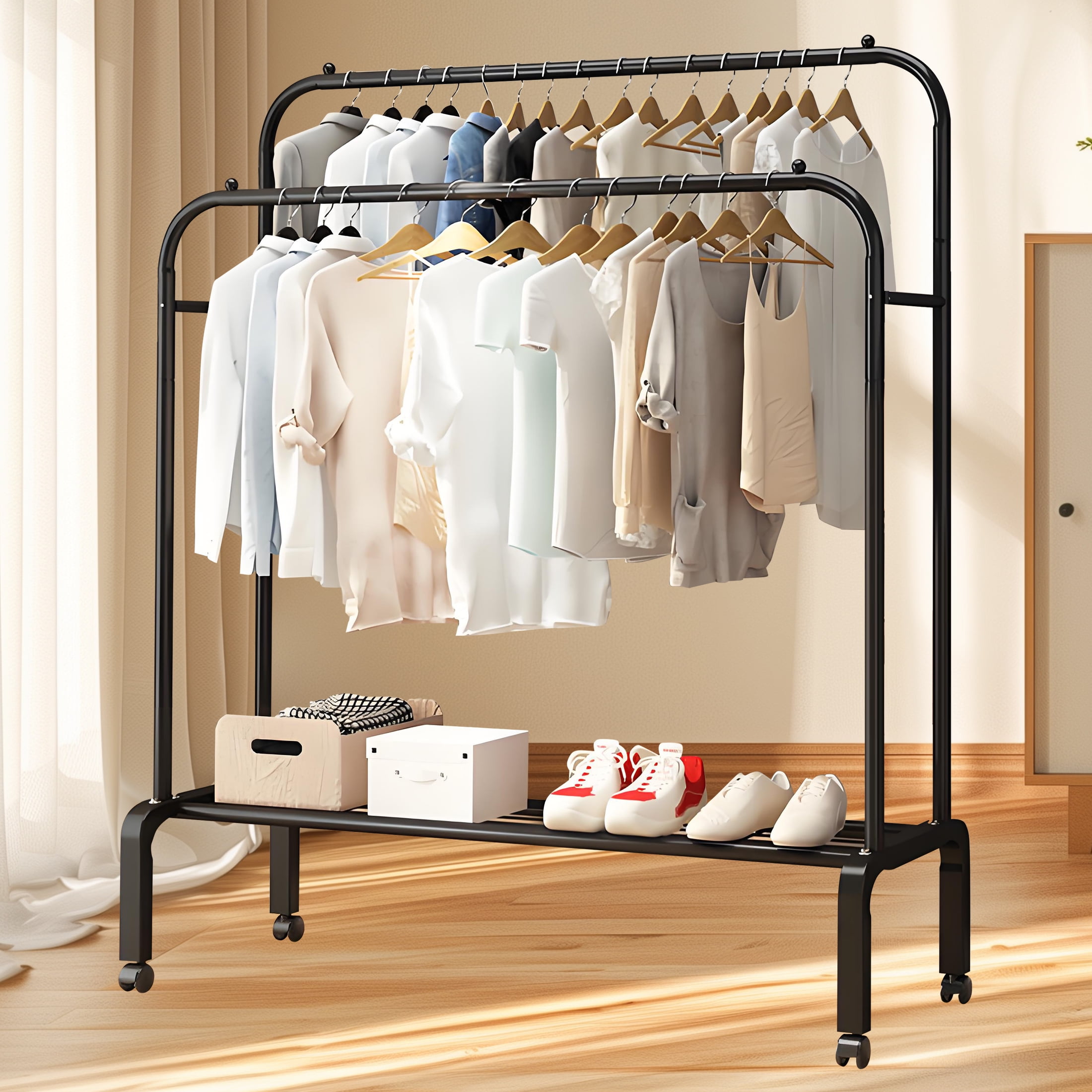 HioHa Rolling Clothes Rack, Double Rail Clothing Drying Rack with 2 ...