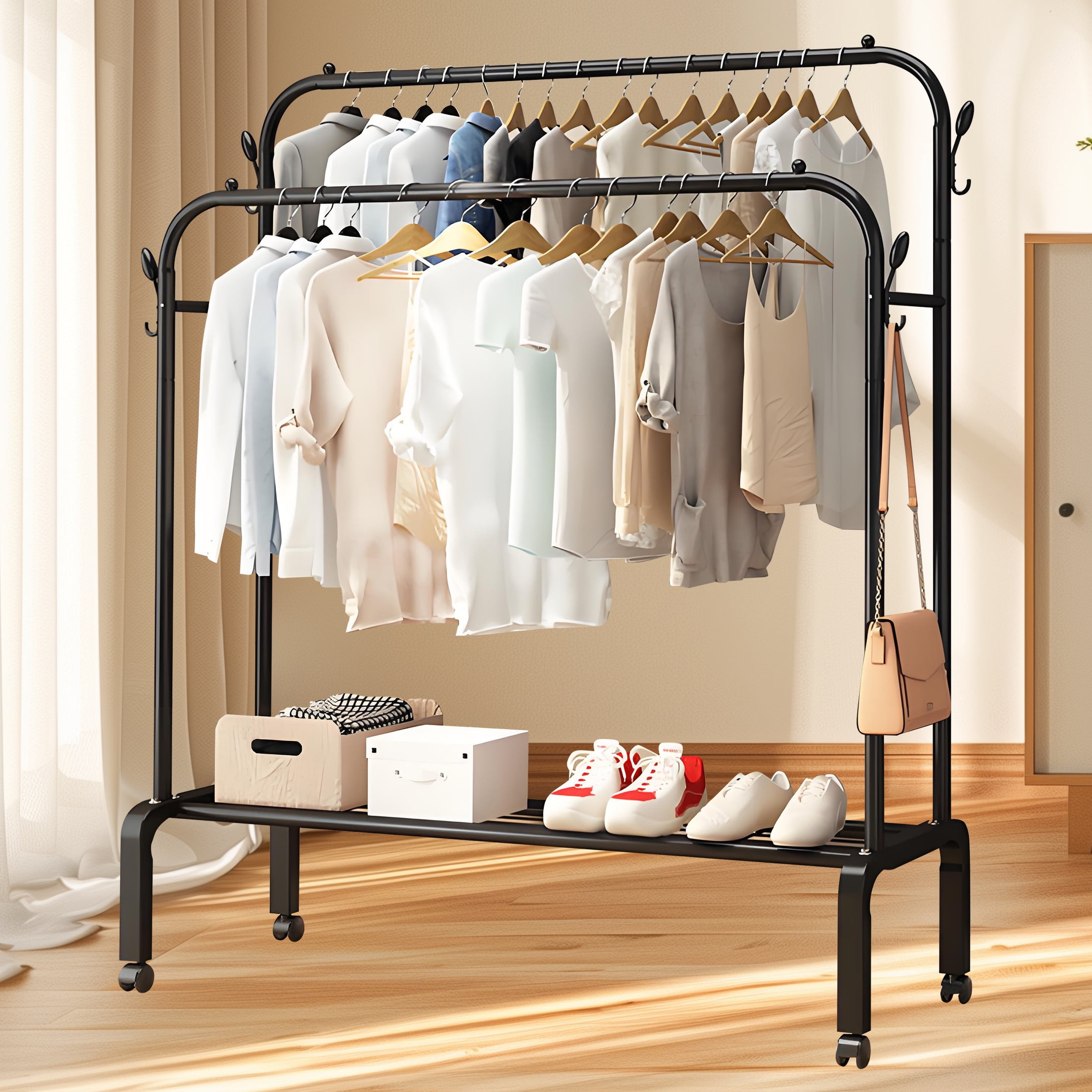 HioHa Clothes Rack on Wheels, Double Rail Heavy Duty Garment Rack with ...