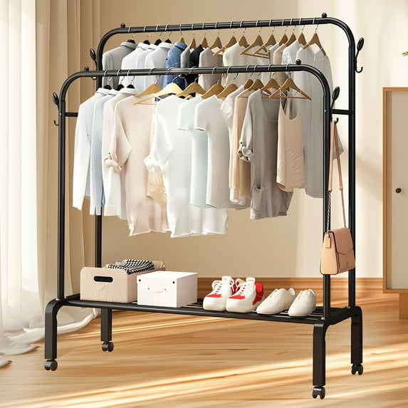 HioHa Clothes Rack on Wheels, Double Rail Heavy Duty Garment Rack with ...