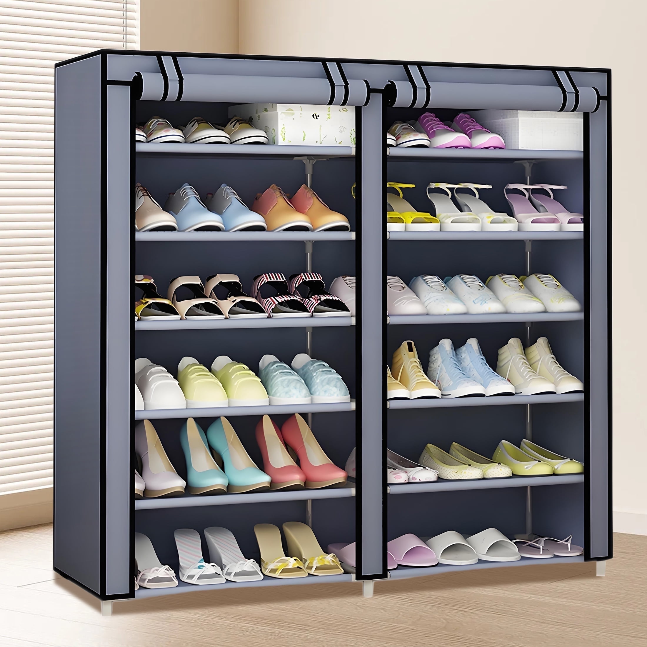 HIOHA 7-Tier Shoe Rack with Dustproof Cover, Holds 36 Pairs, Space ...