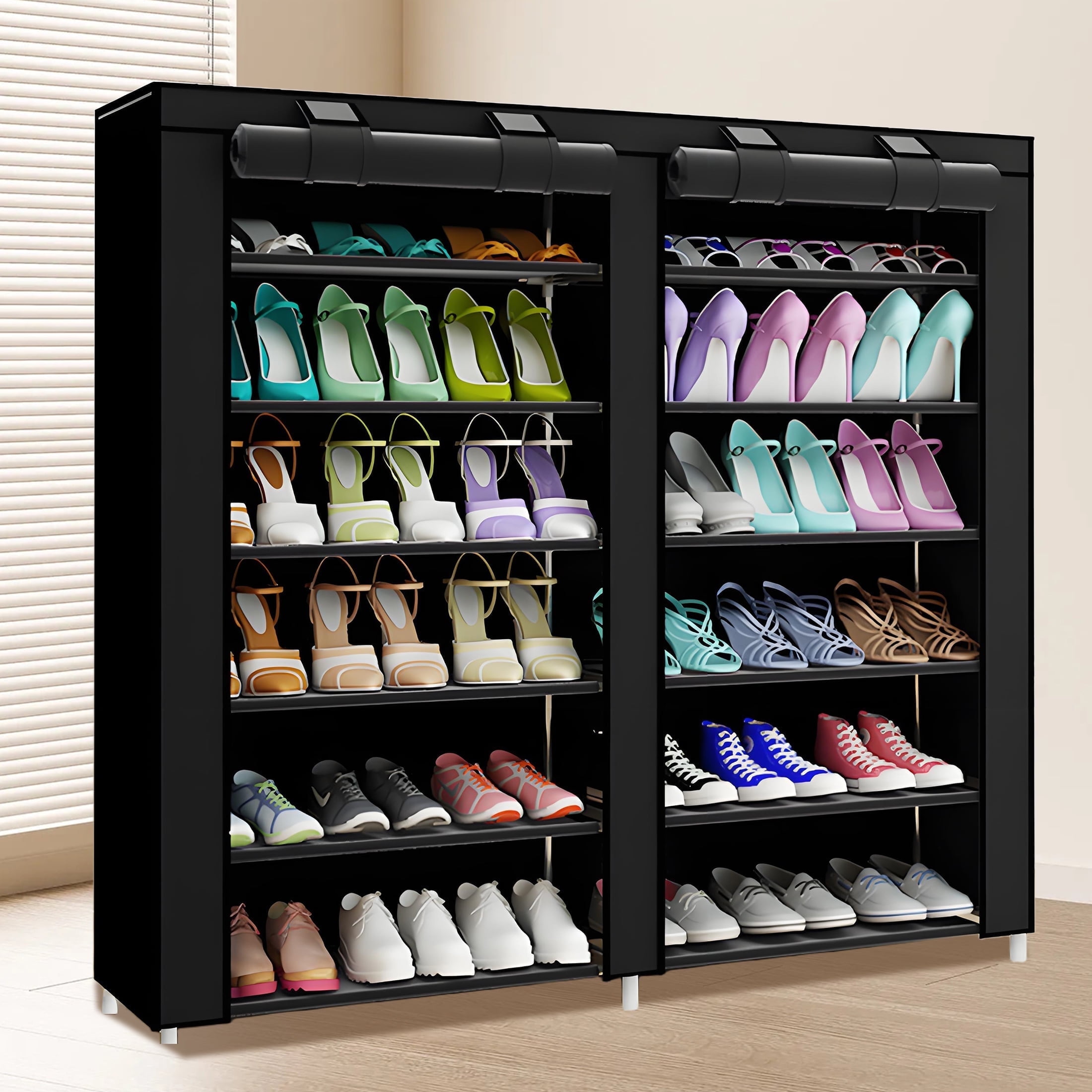HioHa Plastic 7-Tier Double Row Shoe Rack with Dustproof Cover, Non ...