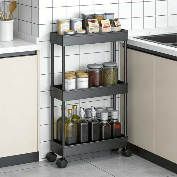3-Tier Plastic Rolling Storage Cart Utility Cart with Extra Hanging ...