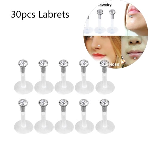 Hioecau 30Pcs Acrylic Clear Rhinestone Lip Labret Bar Ear Spicule Ring ...