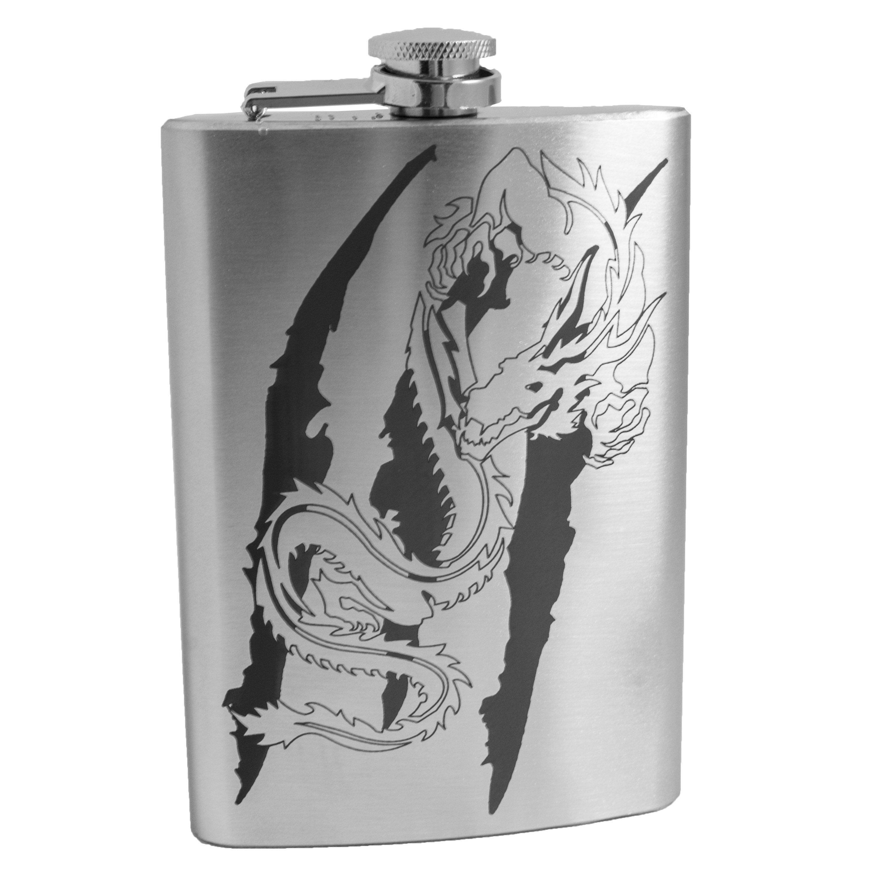 Hip Flask Plus 8oz Silver Dark Dragon Stainless Steel Flask - Leak ...