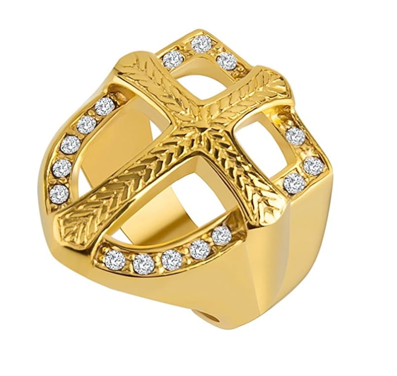 Hip Hip Bling Iced Out 14K Yellow Gold Cross Finger Ring for Men Rapper ...