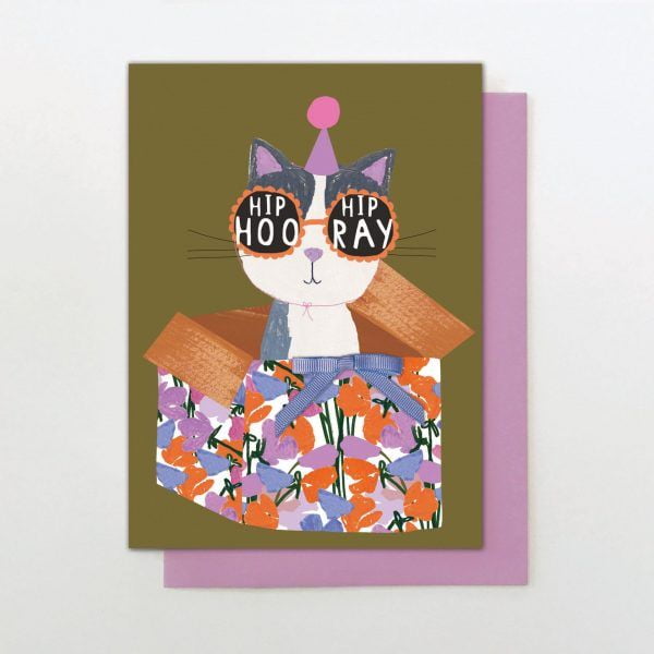 Hip Hooray Cat Birthday Card – Fun Floral Design with Cute Kitty in ...