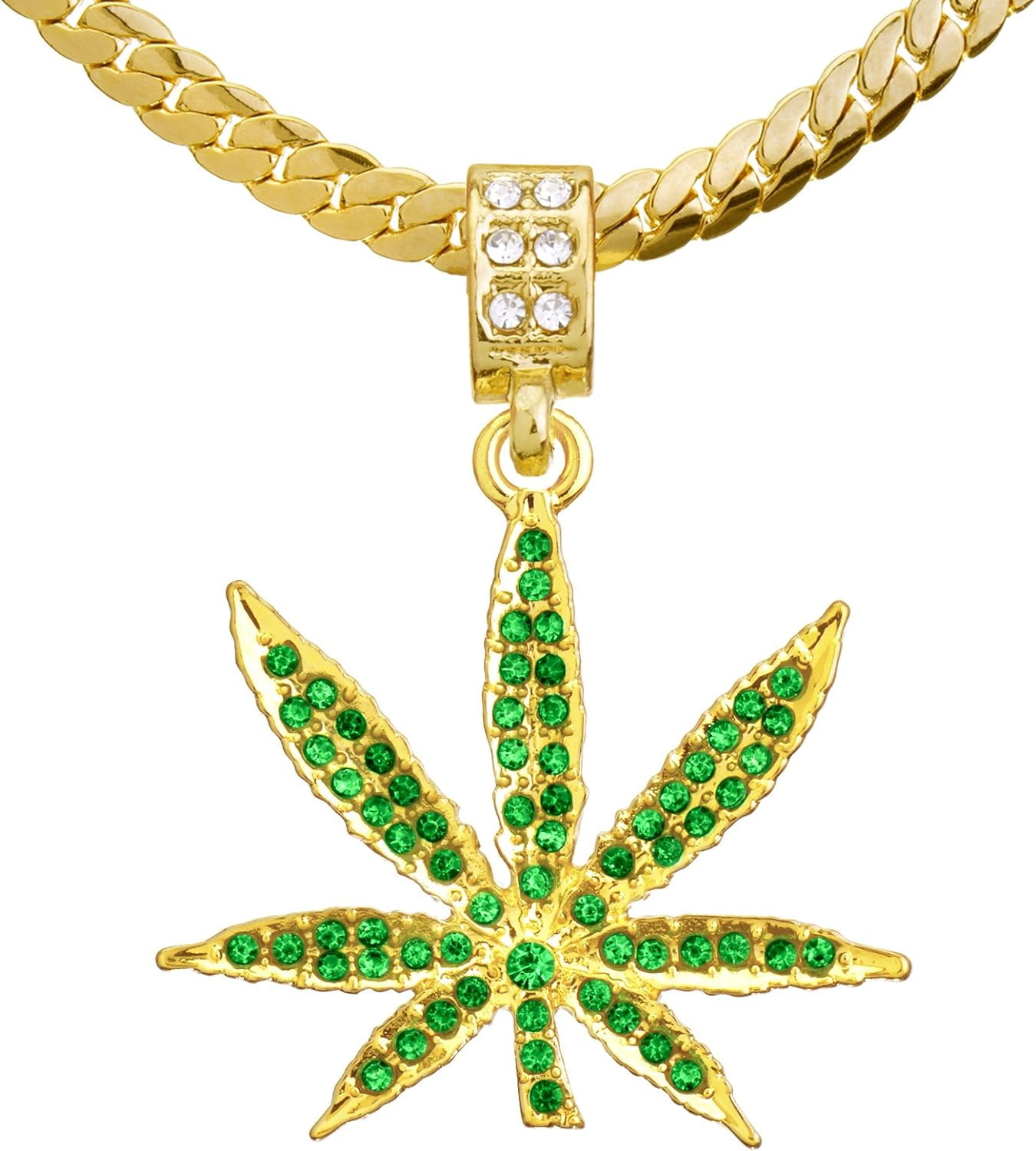 Hip Hop 14K Gold Plated CZ Weed Marijuana Pendant 20" Miami Cuban Chain ...
