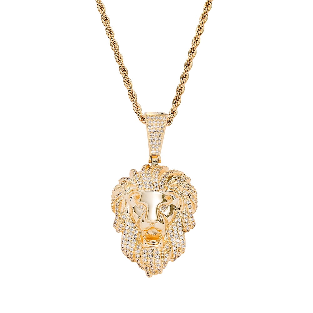 Hip Hop 14K Yellow Gold Iced Out Micro Pave Cubic Zircon Lion Head ...