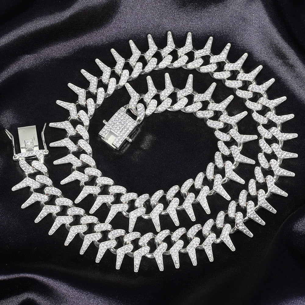 Hip Hop 21MM Iced Out Cuban Rivet Spike Thorns Link Chain Full Crystal ...