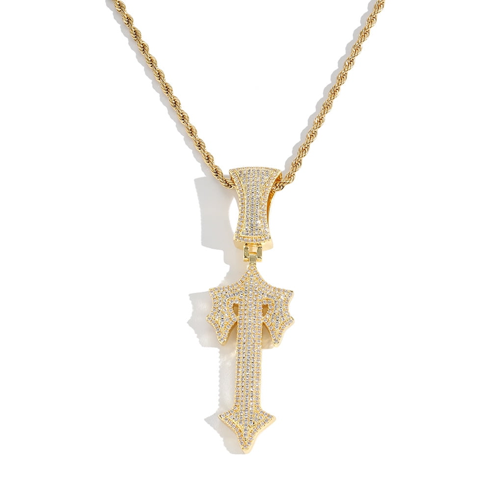 Hip Hop 3A+ CZ Stone Paved Bling Iced Out Anchor Cross 14K Yellow Gold ...