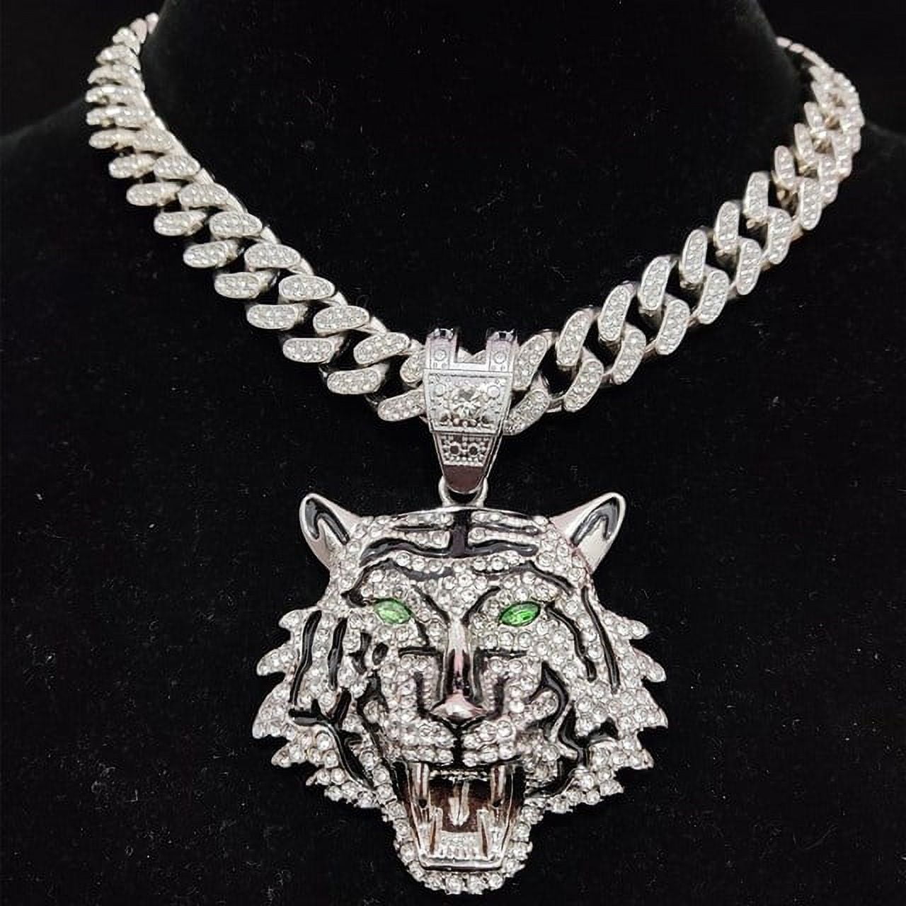 Hip Hop 3D Tiger Pendant Necklace with 13mm Crystal Cuban Chain HipHop ...