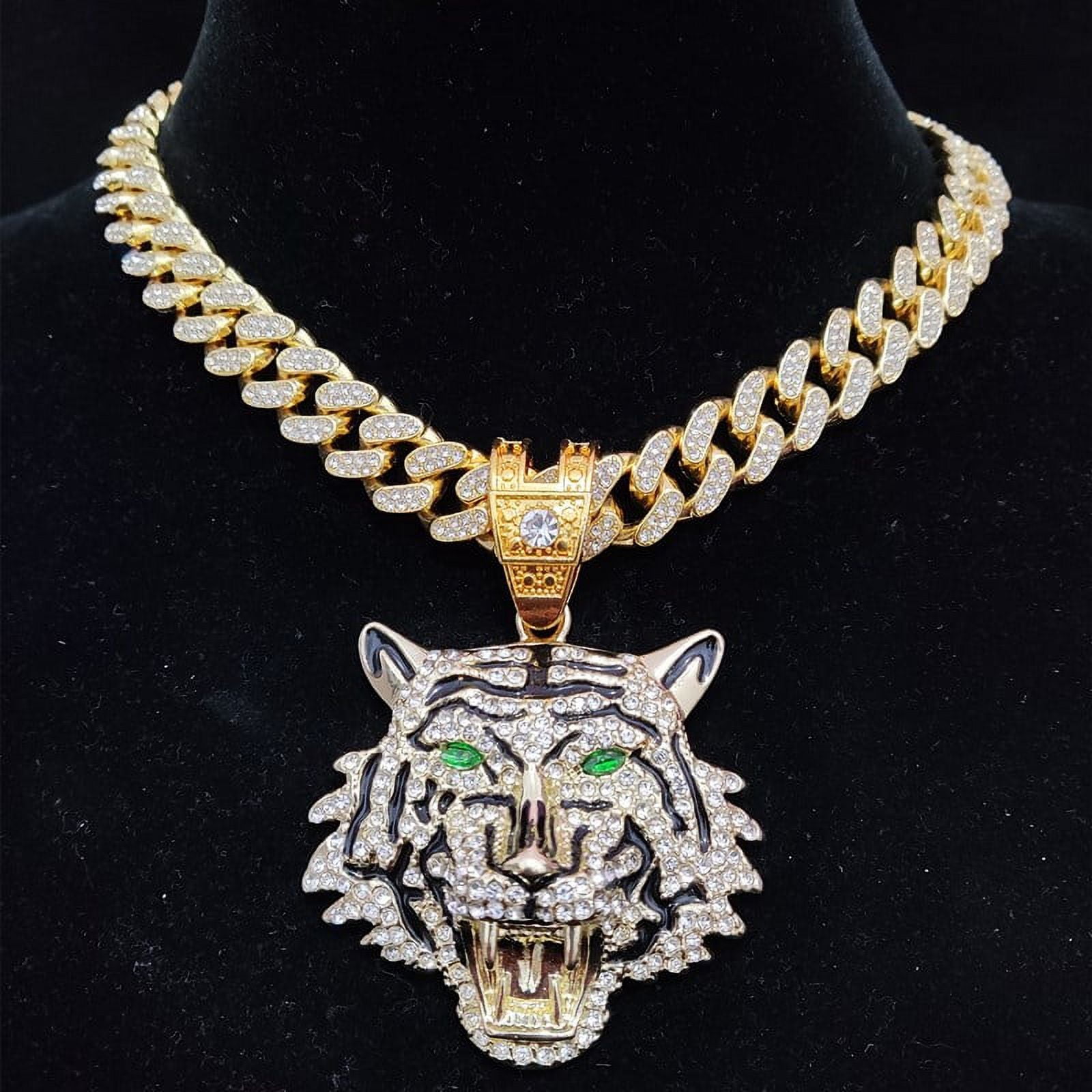 Hip Hop 3D Tiger Pendant Necklace with 13mm Crystal Cuban Chain HipHop ...