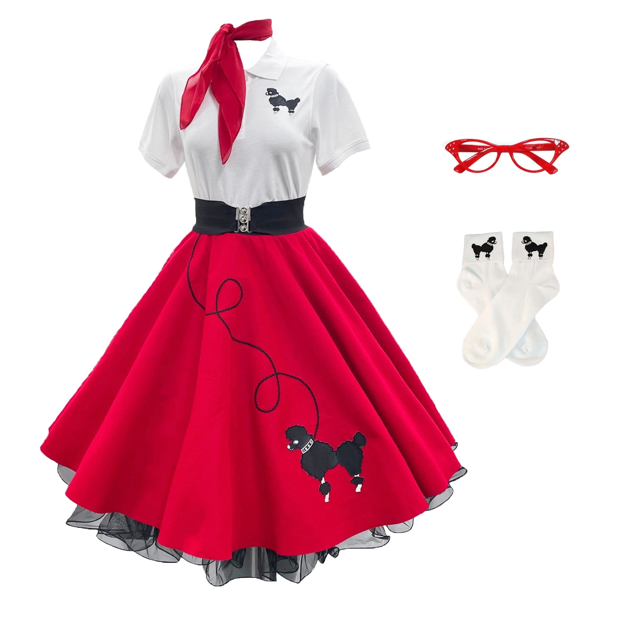 Hip Hop 50's Shop Poodle Skirt Costume, 7 Piece Set, XL Red Polka Dot ...