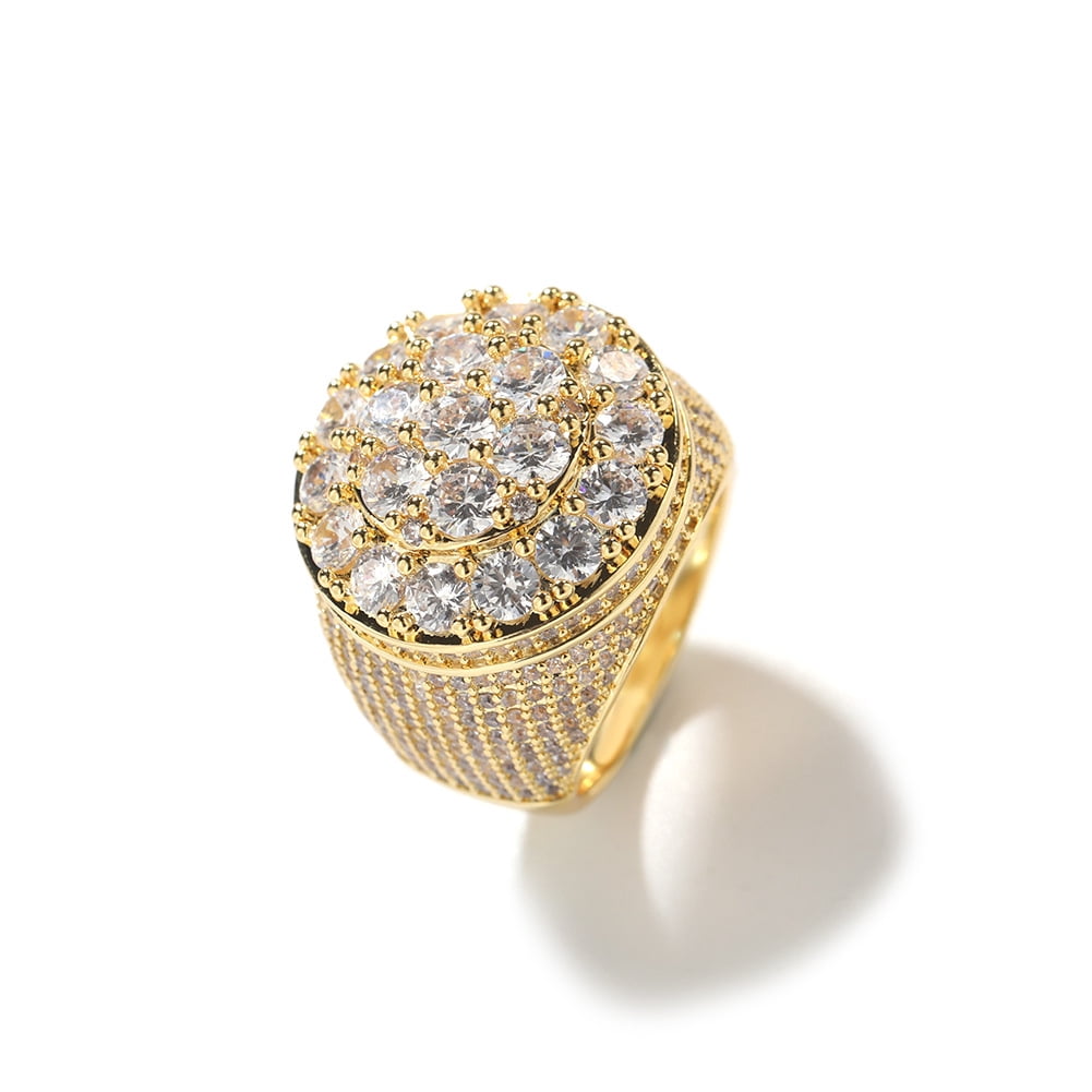 Hip Hop 5A+ CZ Stone Paved Bling Ice Out Big Round Finger 14K Yellow ...