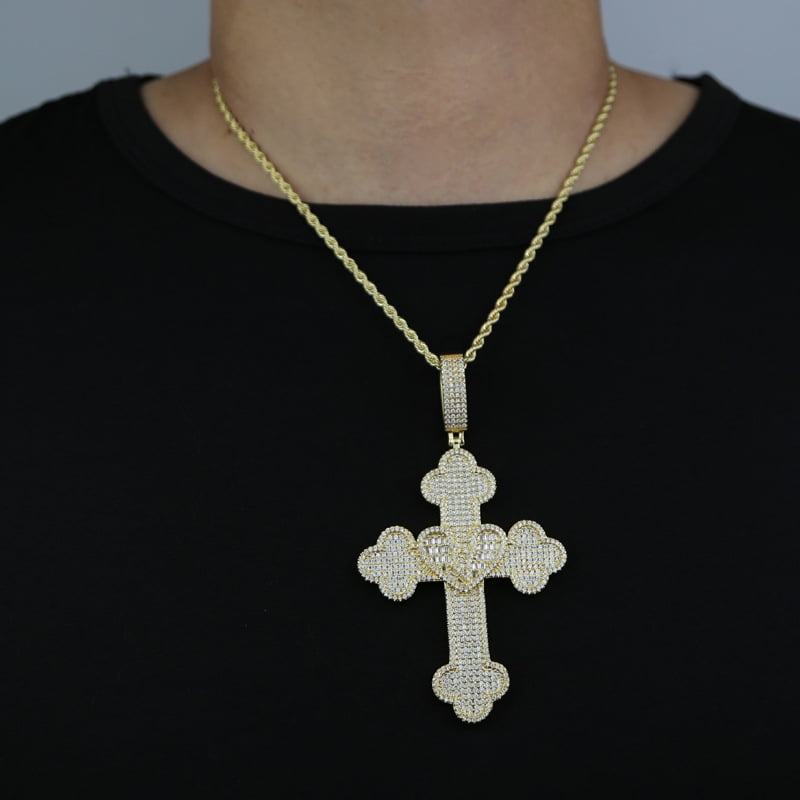 Hip Hop 5A CZ Stone Paved Bling Ice Out Heart Cross 14K Yellow Gold ...