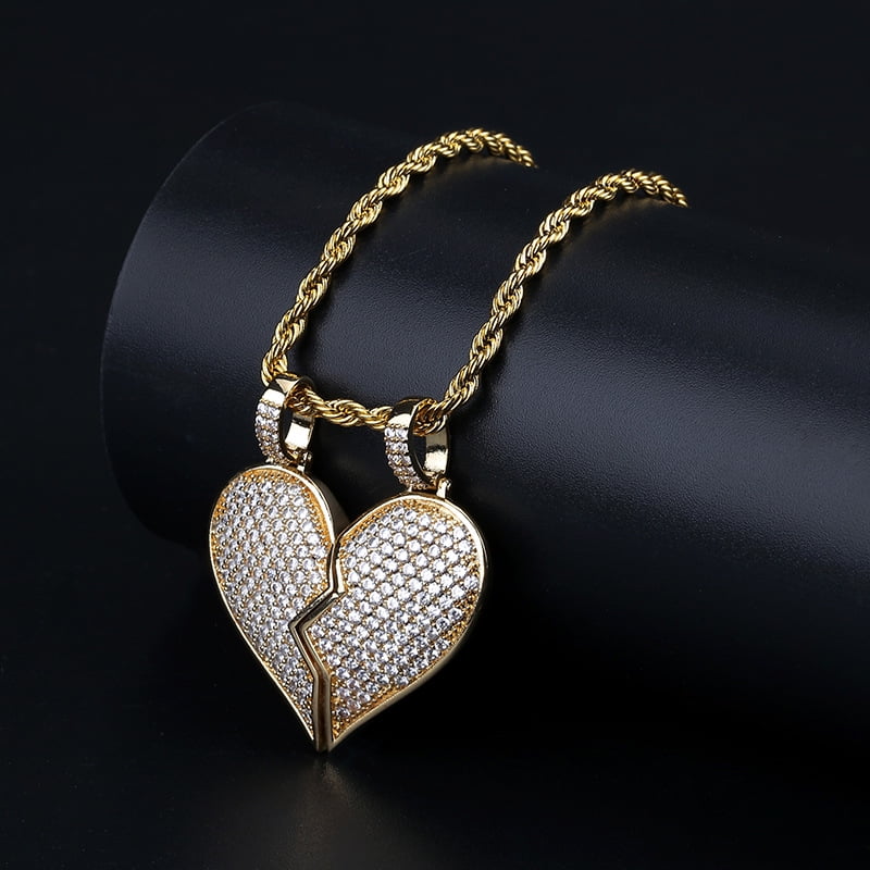 Hip Hop AAA CZ Stone Paved Bling Ice Out Solid BFF Heart 14K Yellow ...