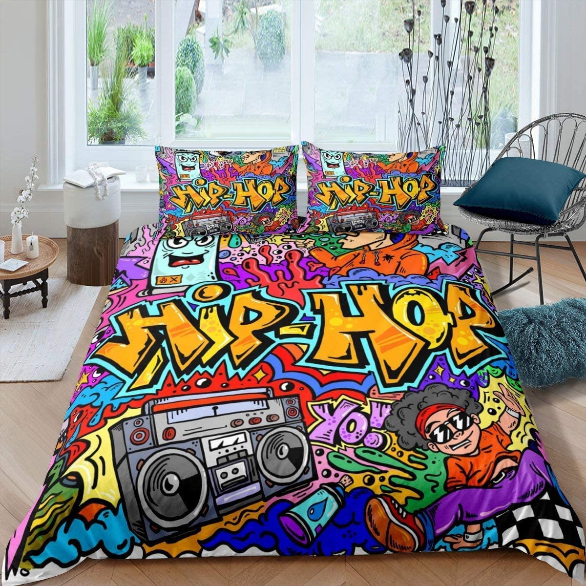 Hip Hop Bedding Set,Watercolor Graffiti Duvet Cover Rock Theme ...