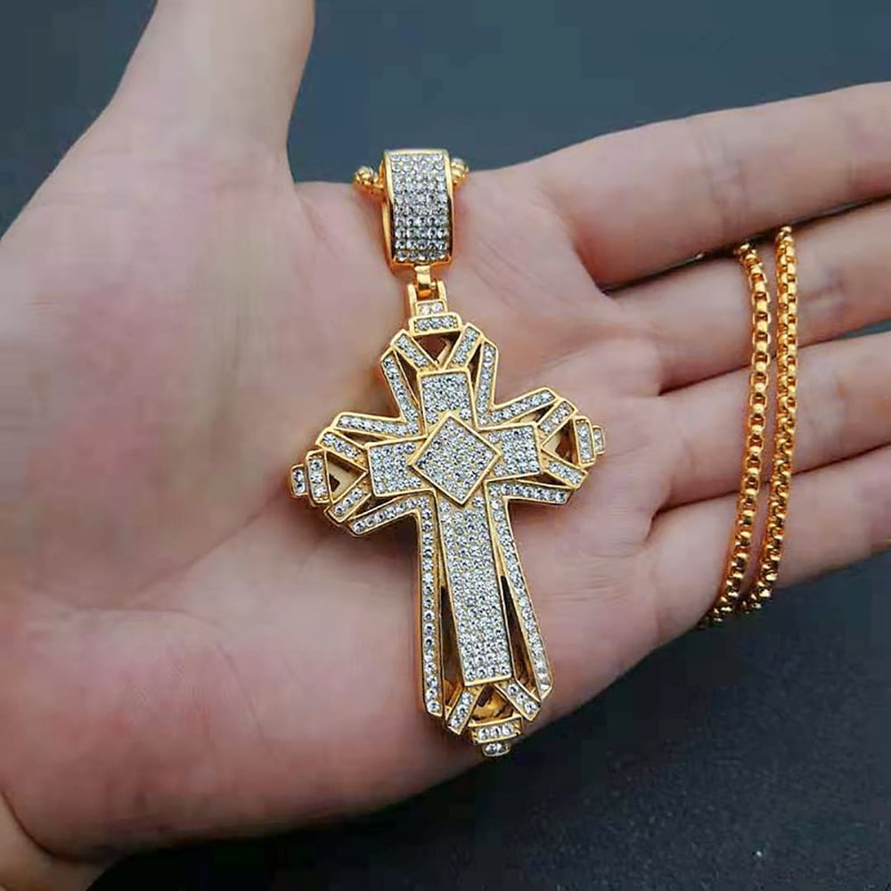 Hip Hop Big Jesus Cross Pendant Male 14K Yellow Gold Christ Cross ...
