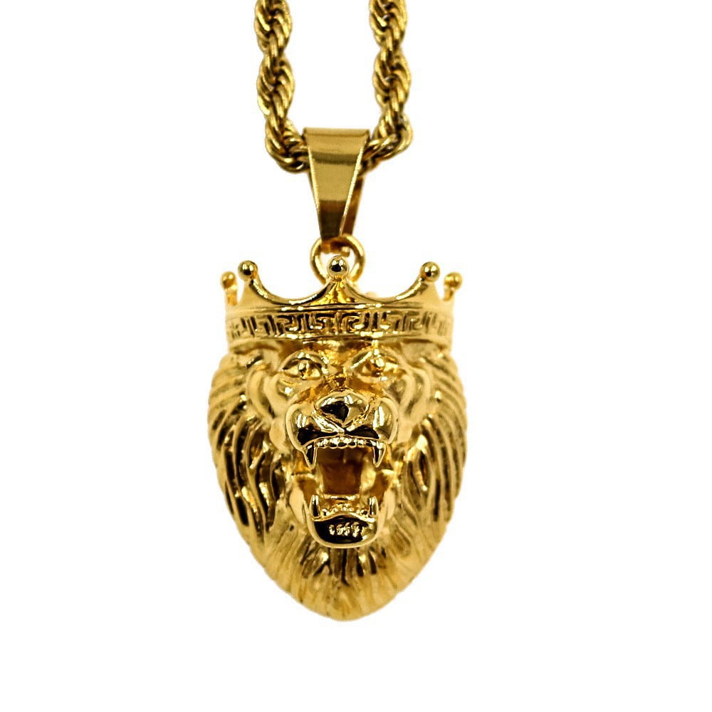 Hip Hop Black 14K Yellow Gold Crown lion head Pendant Necklace for Men ...
