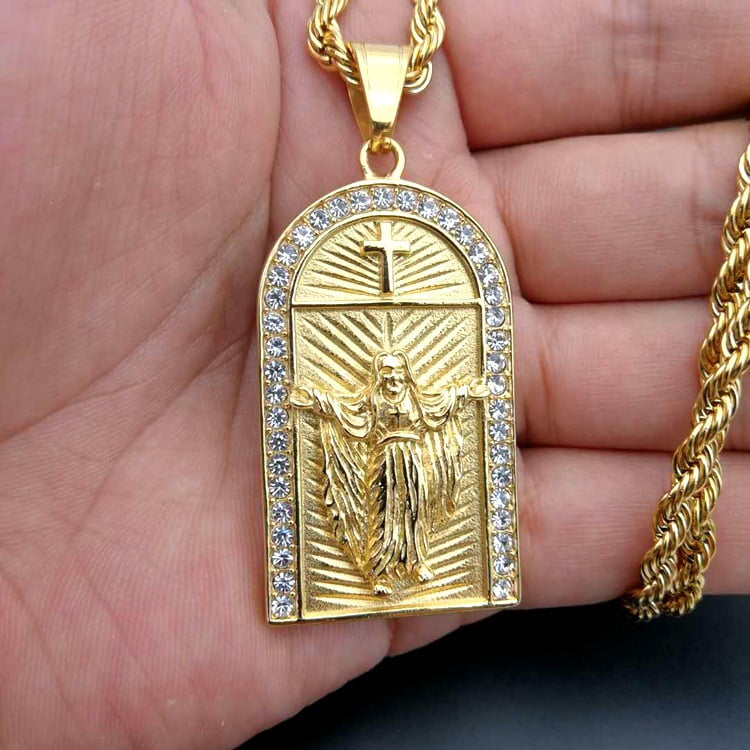 Hip Hop Bling 14K Yellow Gold Jesus Piece Pendants Necklaces for Men ...