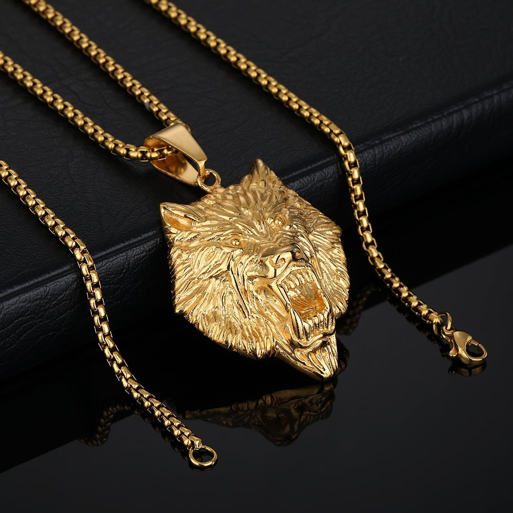 Hip Hop Bling 14K Yellow Gold Nordic Viking Wolf Head Pendant Necklace ...