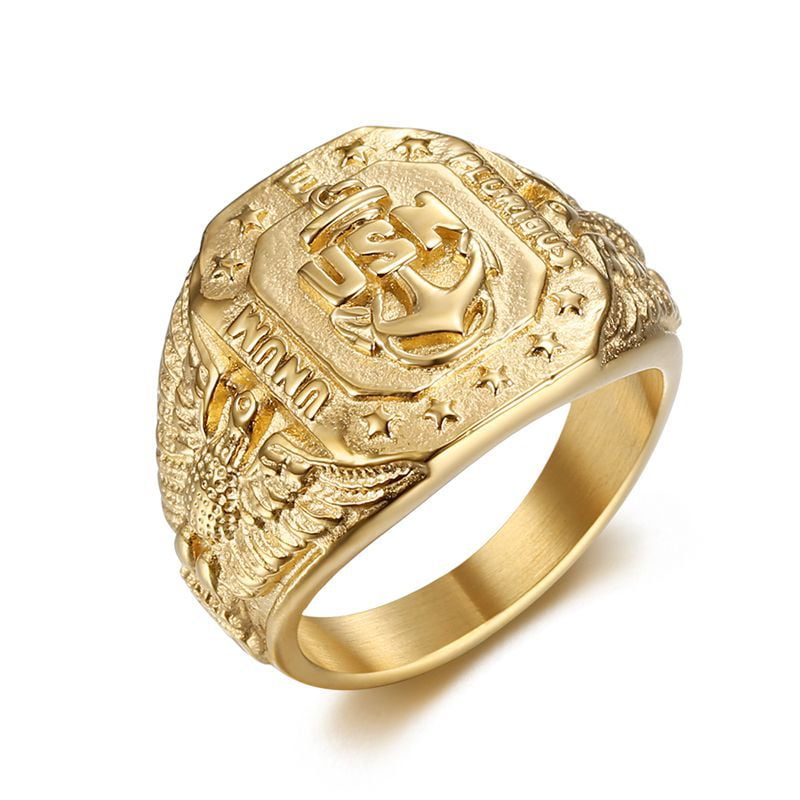 Hip Hop Bling 14K Yellow Gold US Navy USN Eagle Anchor Ring chunky Men ...