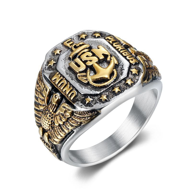 Hip Hop Bling 14K Yellow Gold US Navy USN Eagle Anchor Ring chunky Men ...