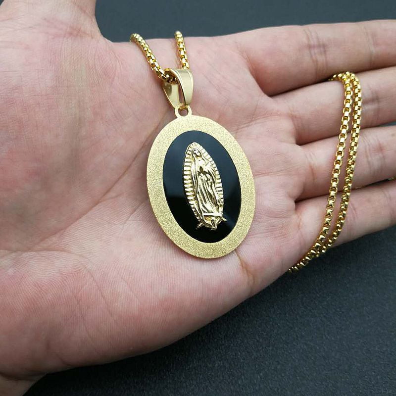 Hip Hop Bling 14K Yellow Gold Virgin Mary Pendants Necklace for Men ...