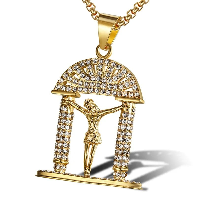 Hip Hop Bling Ice Out 14K Yellow Gold INRI Crucifix Jesus Piece Heaven ...