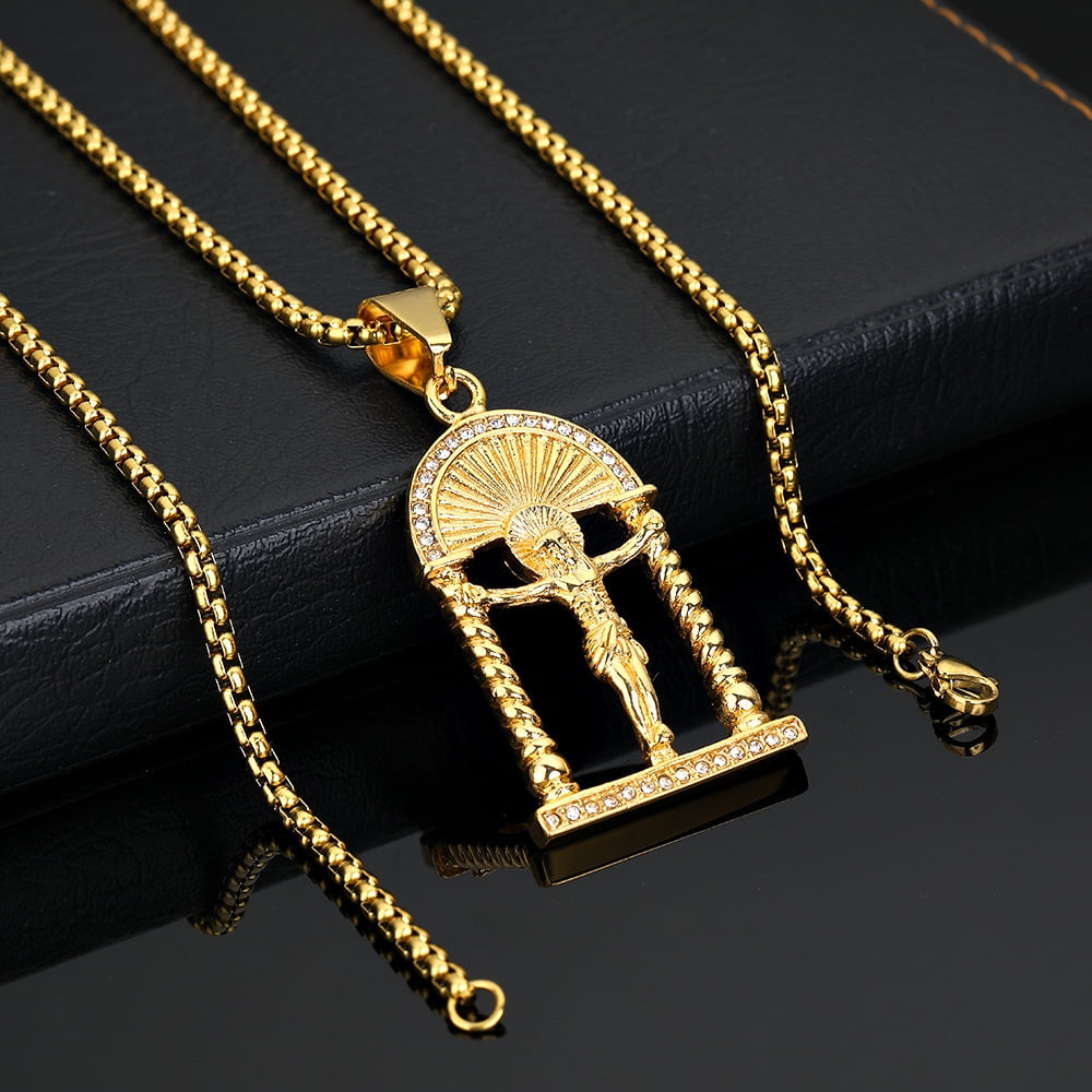 Hip Hop Bling Ice Out 14K Yellow Gold INRI Crucifix Jesus Piece Heaven ...