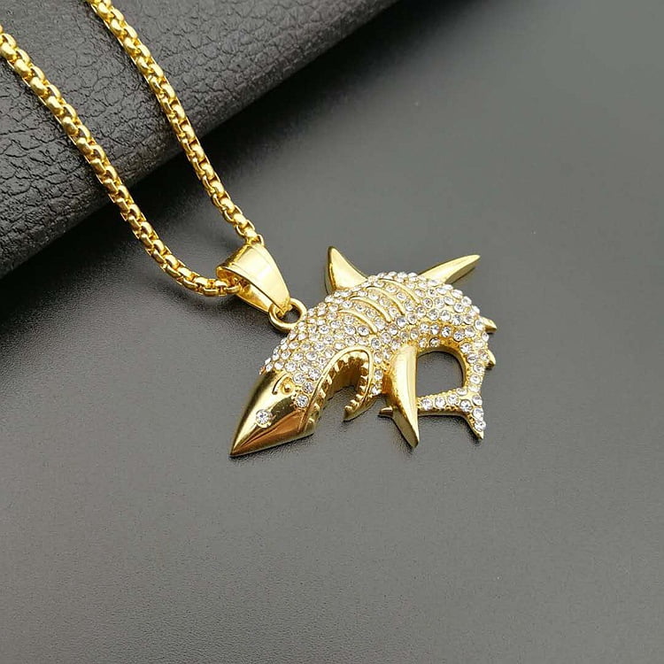 Hip Hop Bling Iced Out 14K Yellow Gold Animal Shark Pendants Necklace ...