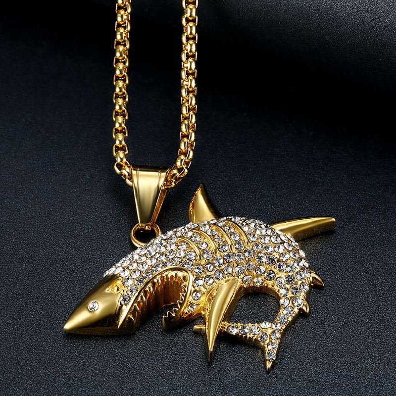 Hip Hop Bling Iced Out 14K Yellow Gold Animal Shark Pendants Necklace ...
