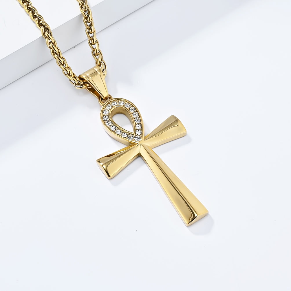 Hip Hop Bling Iced Out 14K Yellow Gold Ankh Cross Pendants Necklaces ...