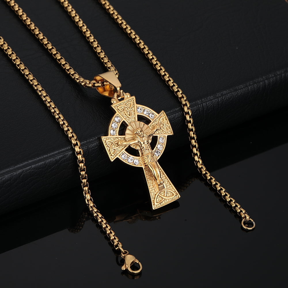 Hip Hop Bling Iced Out 14K Yellow Gold Celtic Knot INRI Crucifix Jesus ...