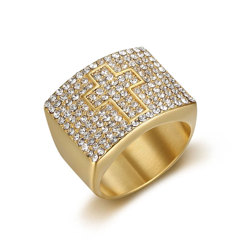 Hip Hop Bling Iced Out 14K Yellow Gold Cross Pattern Finger Rings for ...