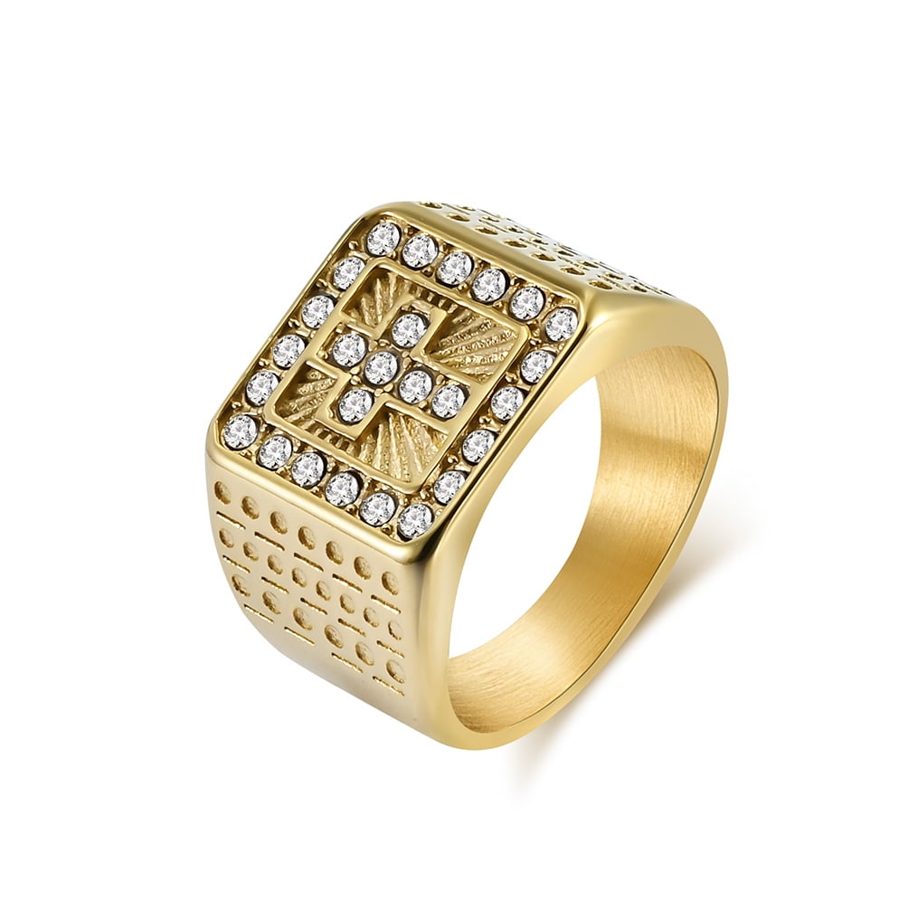Hip Hop Bling Iced Out 14K Yellow Gold Cross Pattern Geometric Square ...