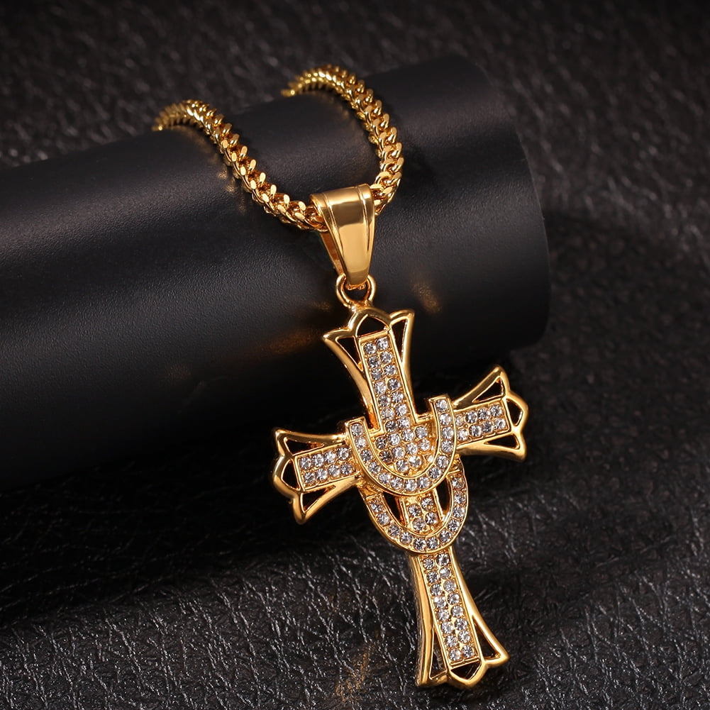 Hip Hop Bling Iced Out 14K Yellow Gold Cross Pendants Neckalce for Men ...