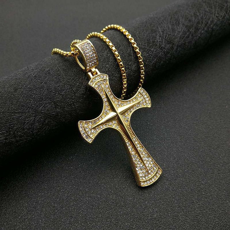 Hip Hop Bling Iced Out 14K Yellow Gold Cross Pendants Necklace for Men ...
