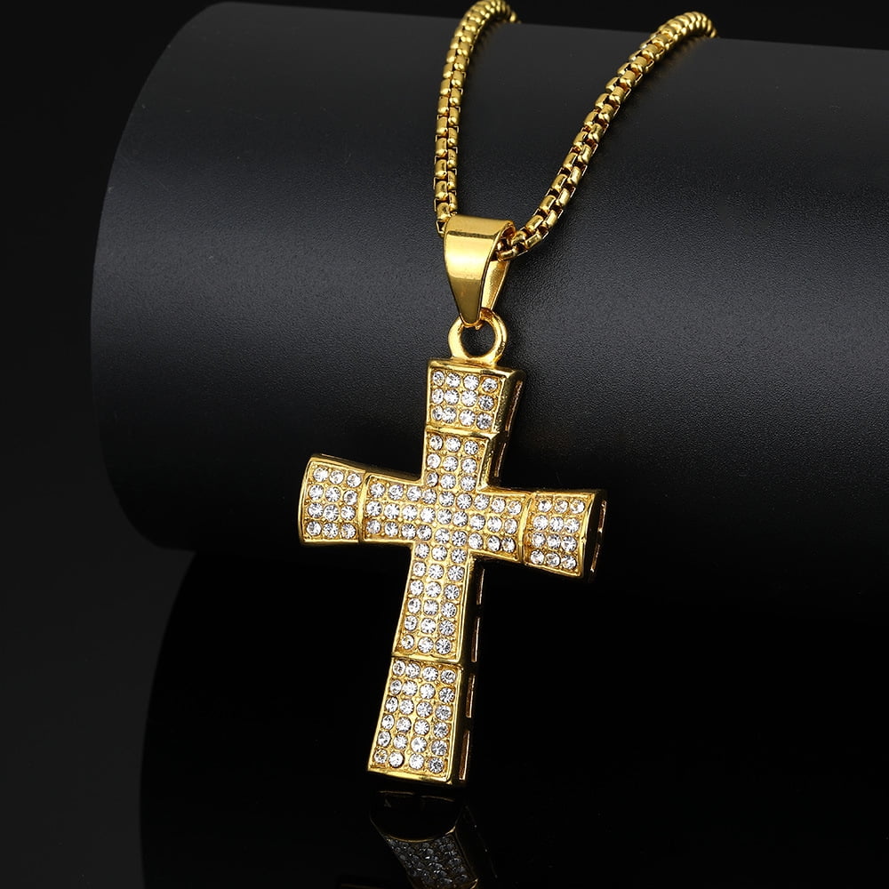 Hip Hop Bling Iced Out 14K Yellow Gold Cross Pendants Necklace for Men ...