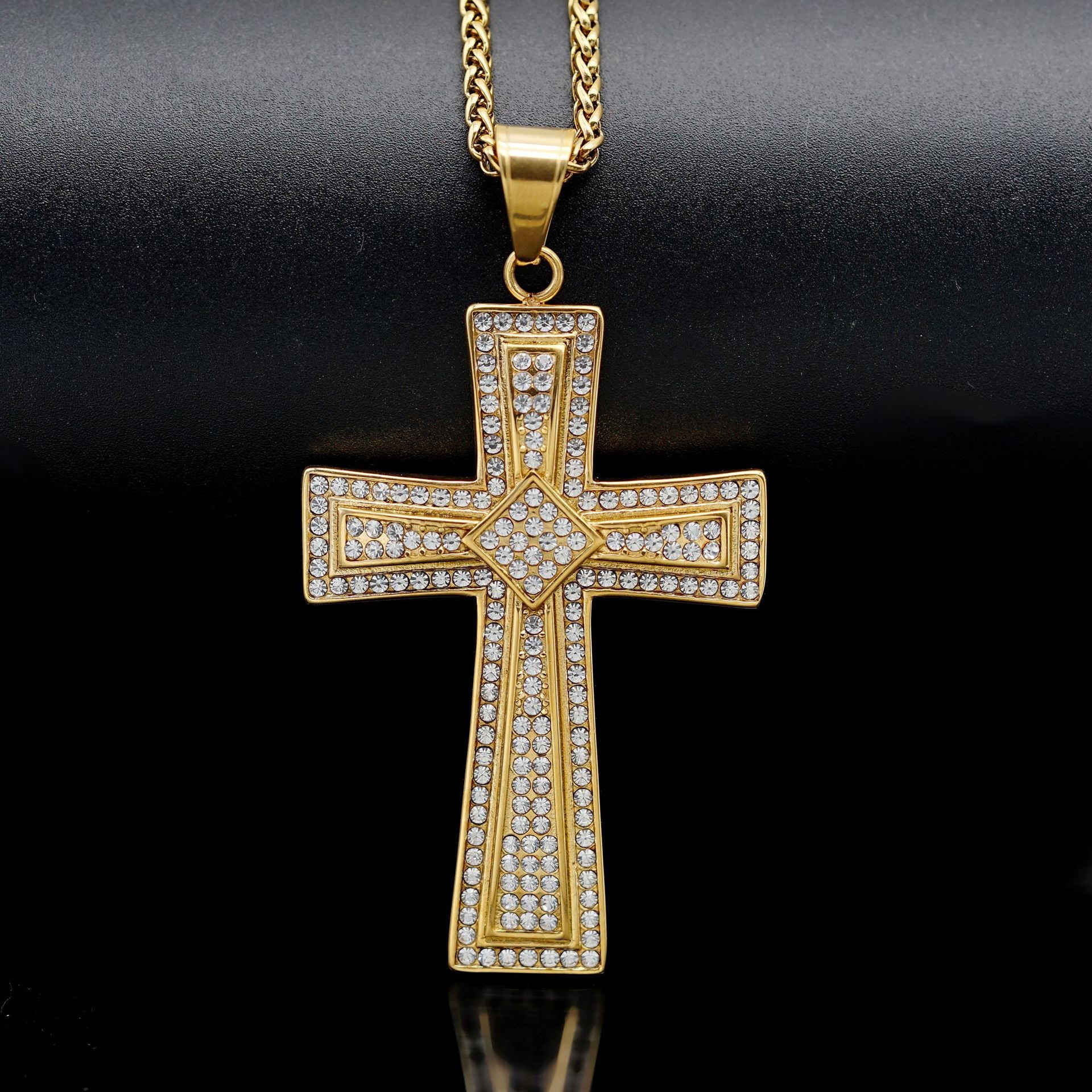 Hip Hop Bling Iced Out 14K Yellow Gold Cross Pendants Necklace for Men ...