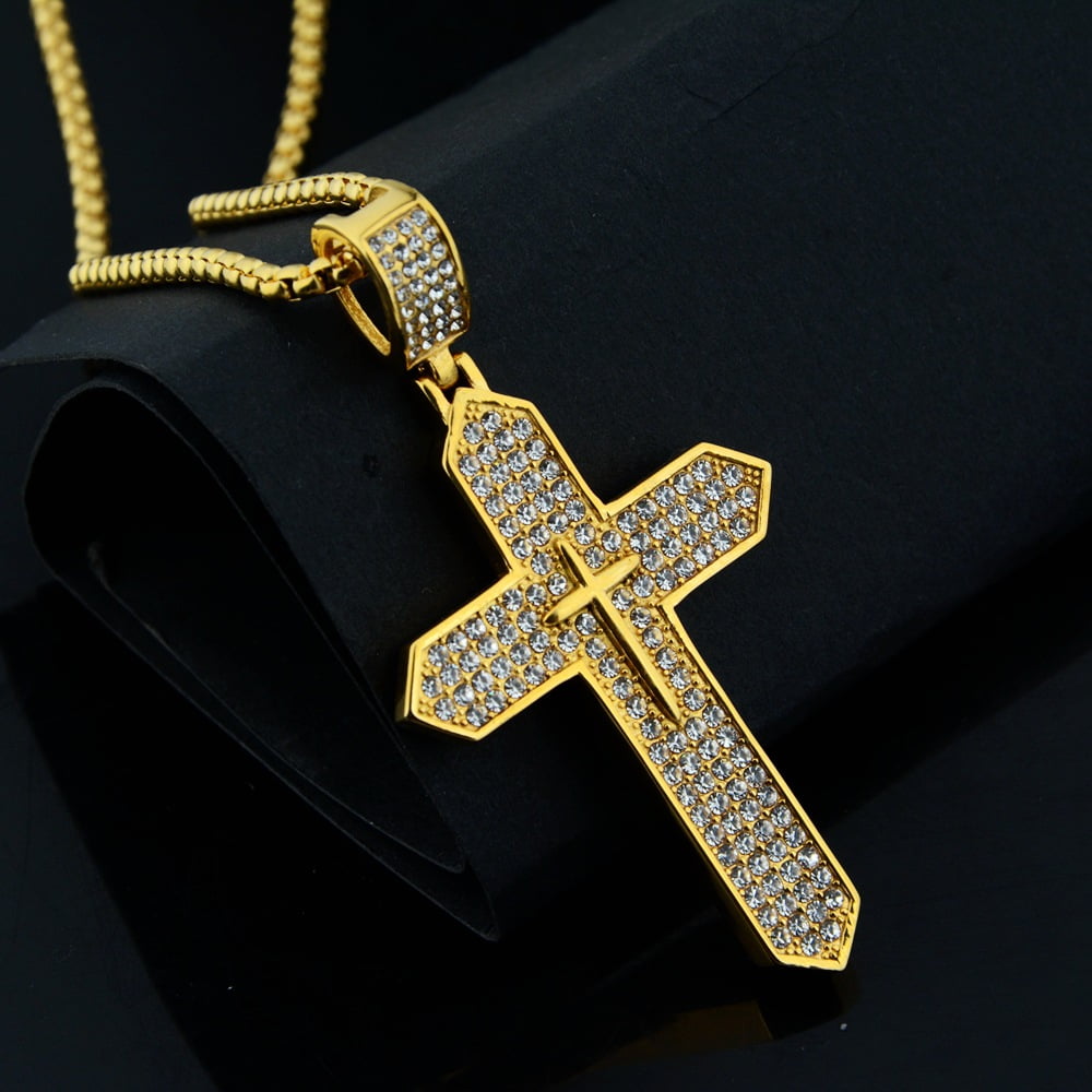 Hip Hop Bling Iced Out 14K Yellow Gold Cross Pendants Necklace for Men ...