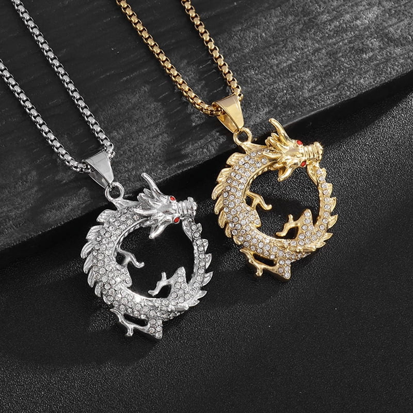 Hip Hop Bling Iced Out 14K Yellow Gold Dragon Round Pendants Necklace ...
